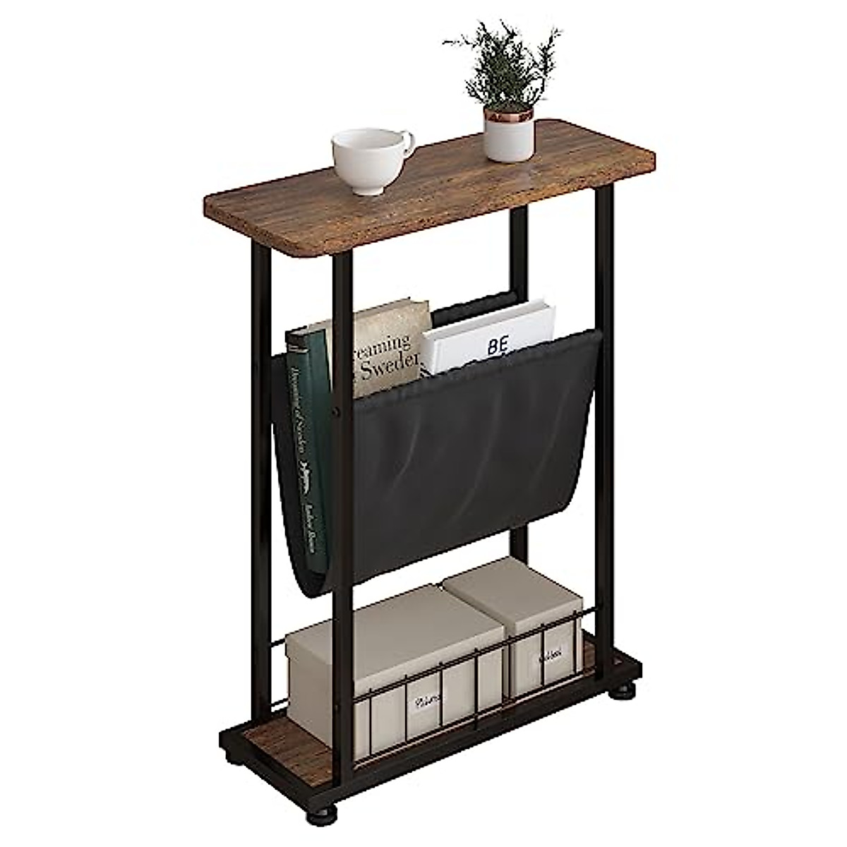 Walmokid 3 Tier Side Table with Magazine Holder, Industrial End Table with Open Storage, Wooden Bedside Table, Nightstand for Living Room, Bedroom, Small Spaces, Easy Assembly, Rustic Brown