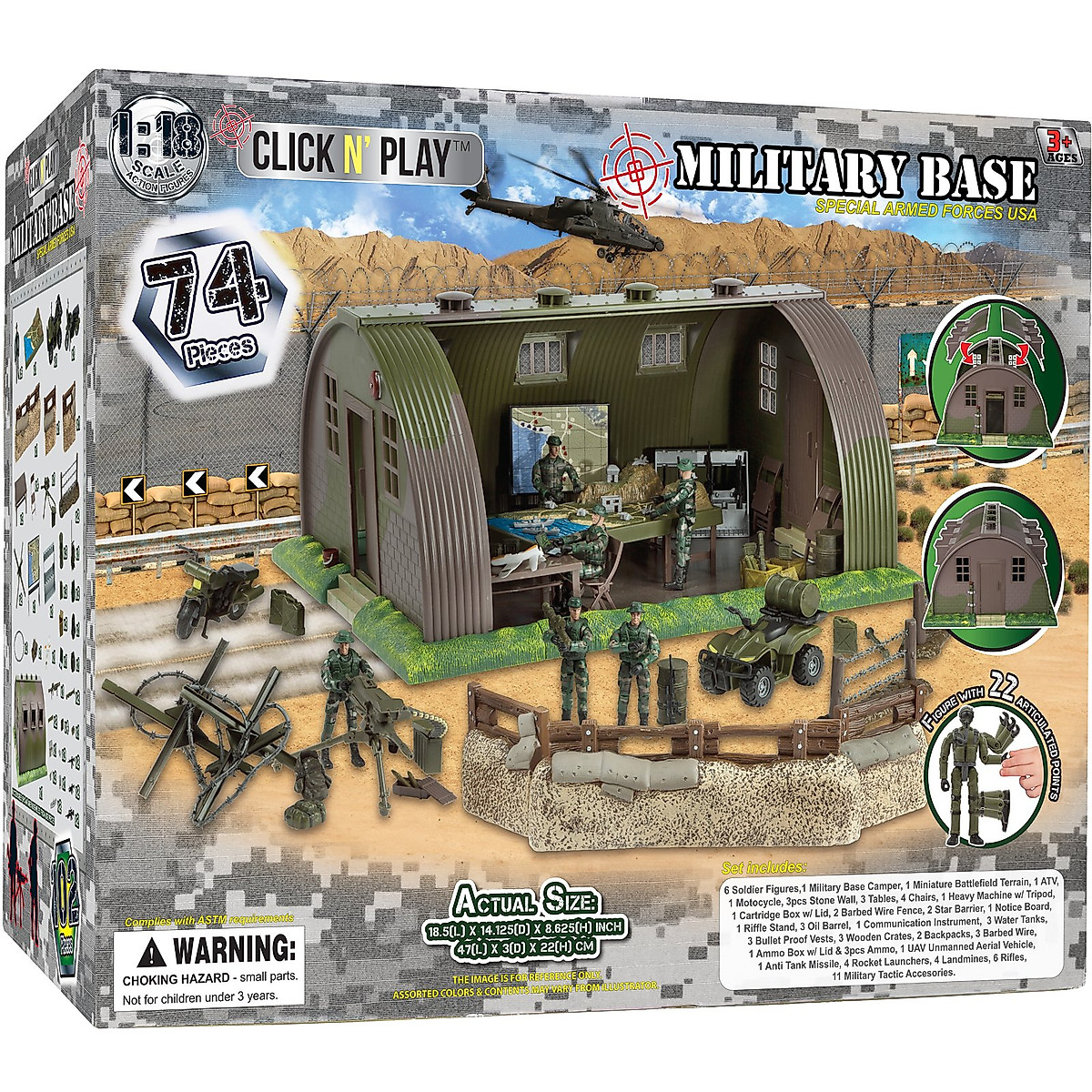 Click N’ Play Military Playset and Army Action Figures with a Base Barrack Command Center, Includes 74 Accessories - 6 Soldier Action Figures with Gear, Guns, Vehicles, Army Playsets for Boys 8-12
