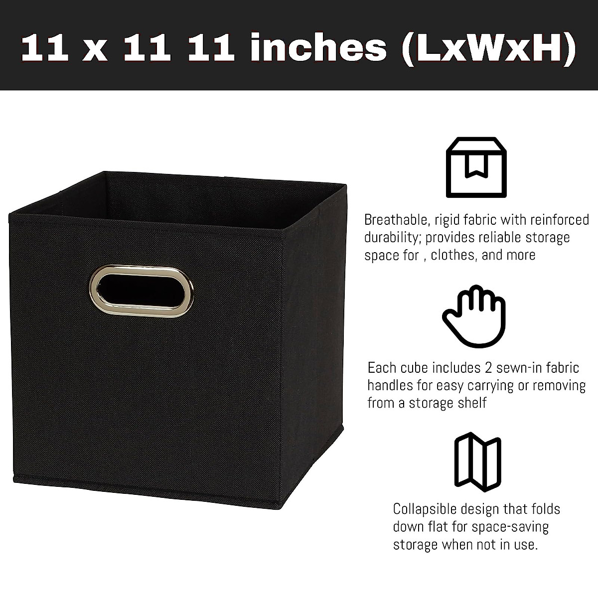 11 Inch Fabric Storage Bins Cubes Sturdy Collapsible Storage Bins & Handle 6 Foldable Baskets for Organizing Clothes Books closet organizer and storage Fabric Storage Cubes for Shelves,Closets Black