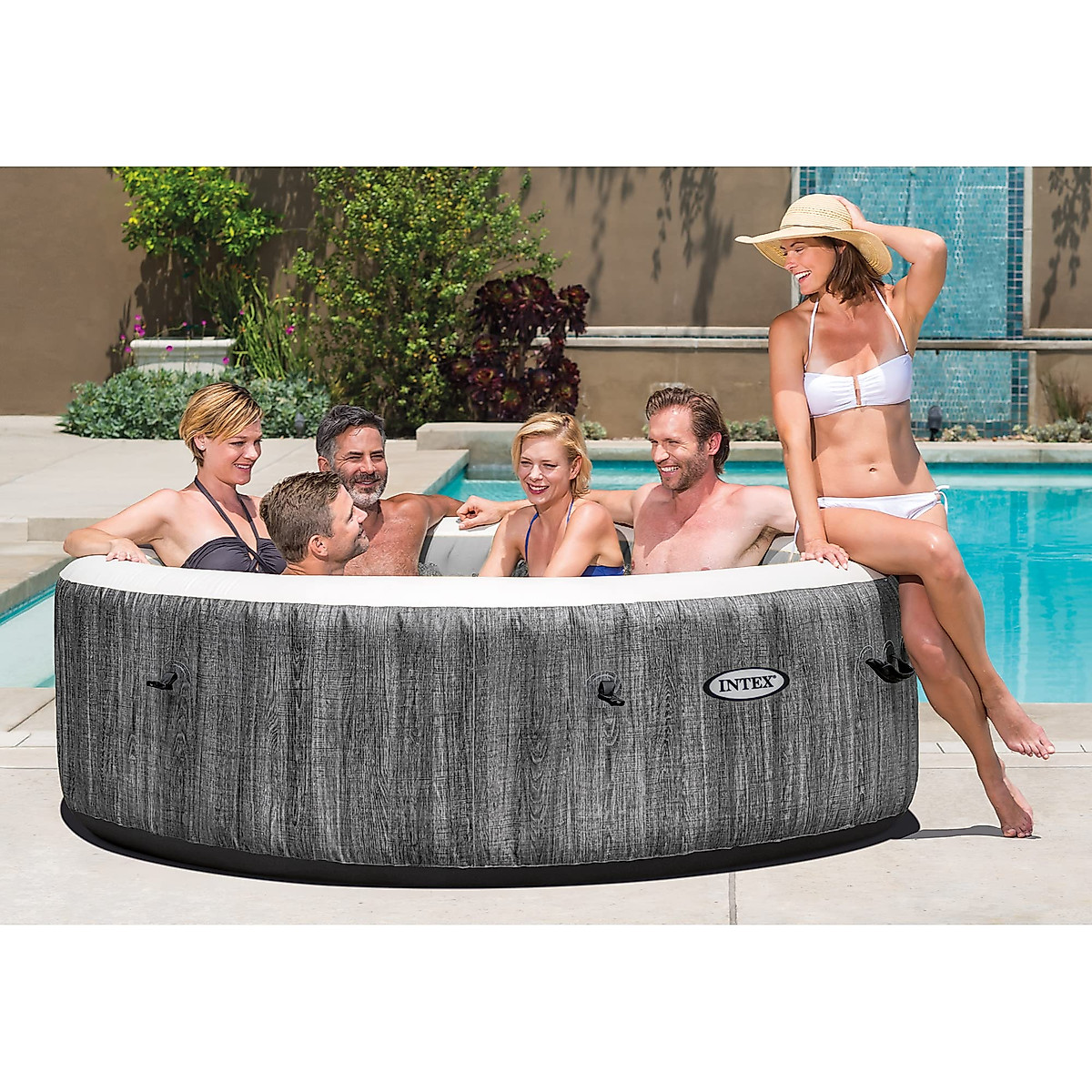 Intex 28441EP PureSpa Plus Greywood 85" x 28" Inflatable Hot Tub Bubble Jet Spa with Battery Powered Multi-Colored LED Light for Spas and Hot Tubs