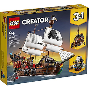 LEGO Creator 3 in 1 Pirate Ship Building Set, Kids can Rebuild The Pirate Ship into an Inn or Skull Island, Features 4 Minifigures and Shark Toy, Makes a Great Gift for Kids Ages 9+ Years Old, 31109