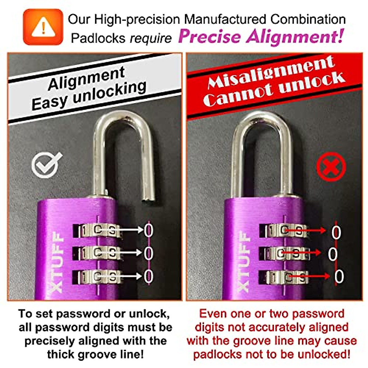 XTUFF Combination Lock-3 Digit Resettable Outdoor Waterproof Password Aluminum Lock, for School Gym Employee Sports Locker, Fence, Toolbox, Gate, Case, Suitcases, Set Your Own Combo Keyless Purple