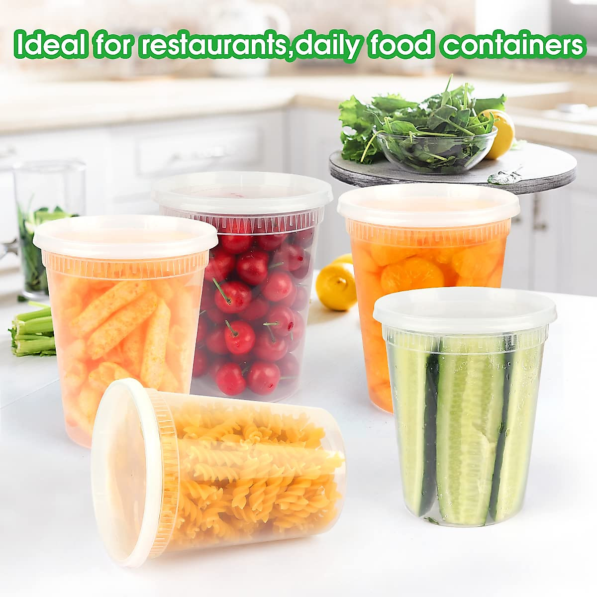 [50 Pack, 2 Size] Food Storage Containers with Lids,16oz, 32oz Plastic Airtight Deli Food Containers w Spoons, Microwave Freezer Food Container, BPA-Free Dishwasher Leakproof Clear Takeout Meal Preps