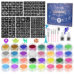 AOMIG Glitter Tattoo Kit, Kids Temporary Tattoo Set - 24 Colours Glitter, 8 Fluorescent Powder, 172 Stencils, Unique Body Nail Glitter Safe Body Make-up for Kids and Adults Birthday Party