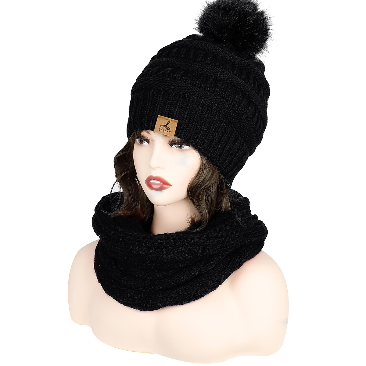 Winter Beanie Hat Scarf Gloves Set, Soft Warm Knit Hat Warm Touchscreen Gloves Neck Warmer Thick Knitted Scarves for Women Black