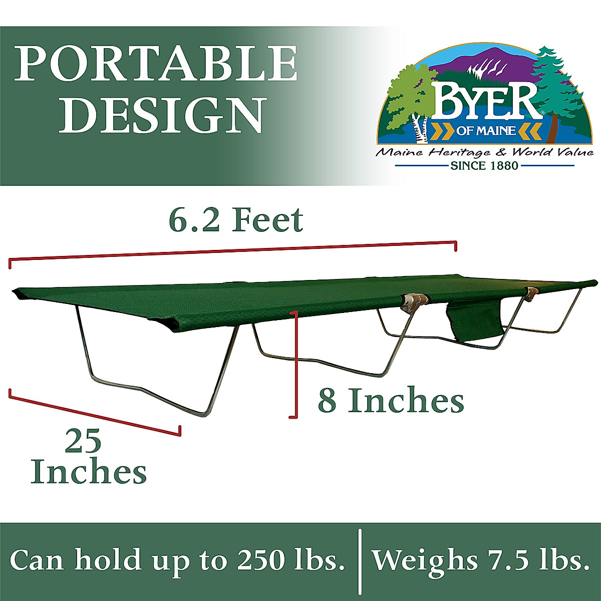BYER OF MAINE, TriLite Cot, Very Compact When Folded, Set Up 74" L X 25" W X 8", Camping Cots for Adults, Portable Cot, Tri Lite Cot, Cot, Lightweight Cot, Outdoor Cot, Foldable Cot, Single