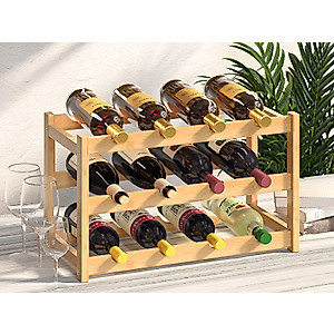BAMEOS Bamboo Wine Rack, 3 Tier Natural Wine Rack Freestanding Floor Display Storage Shelf countertop Wine Holder for Kitchen, Bar, Pantry, Wine Cellar, Basement,Study，Maroon (16.85 L x 9.25W x 12H)