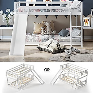 GORELAX Twin Over Twin Size Bunk Bed with Slide, Loft Low Bunk Beds, Wood Floor Bed Frame with Ladder & Guardrail, No Box Spring Needed, Space-Saving Modern Bunk Bed for Kids, Adults (White)