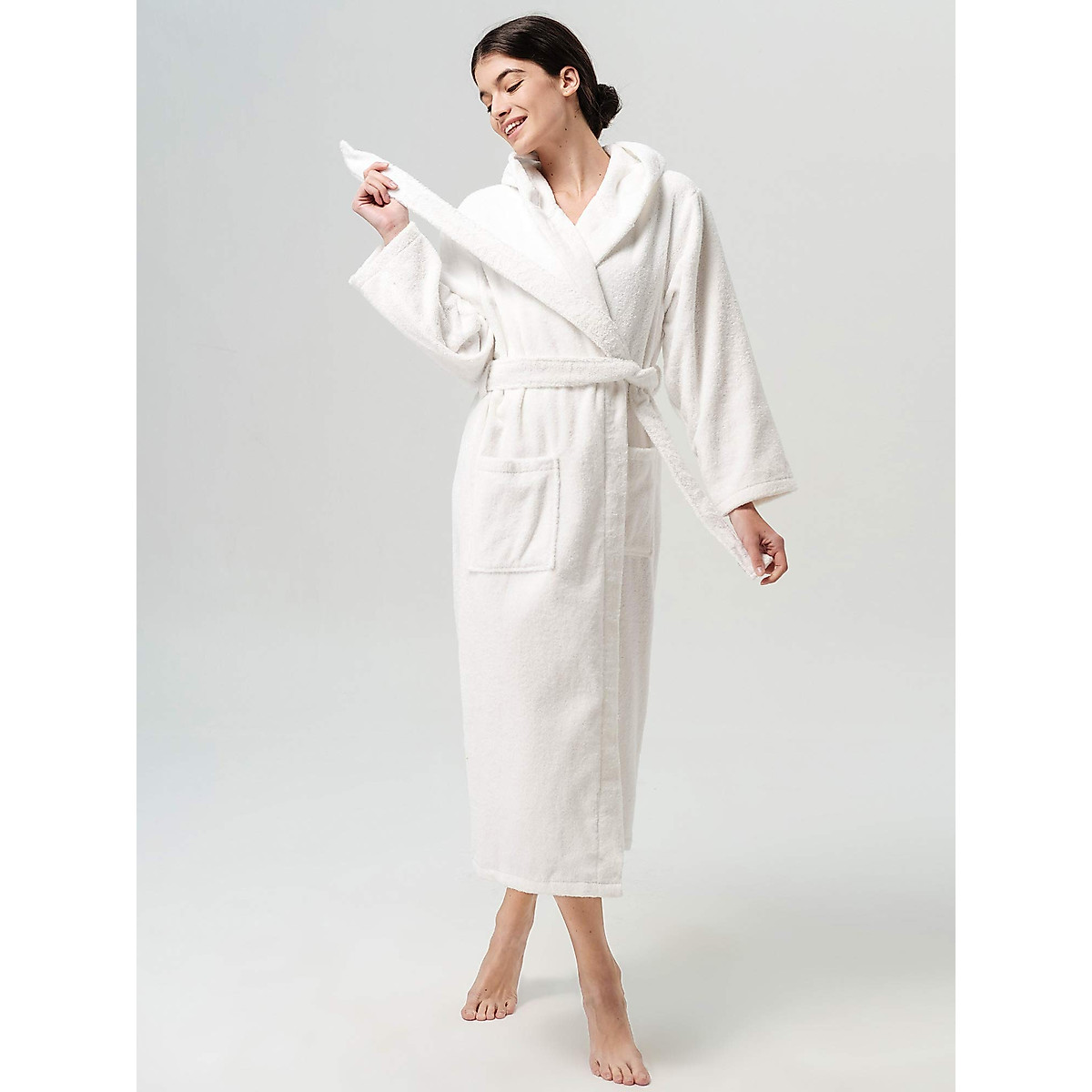 SIORO Terry Cloth Robes for Women Hooded Full Length Bathrobe Towel Cotton Fur Night Gown Spa Hotel Shower Bath Cozy Sleepwear, White Medium