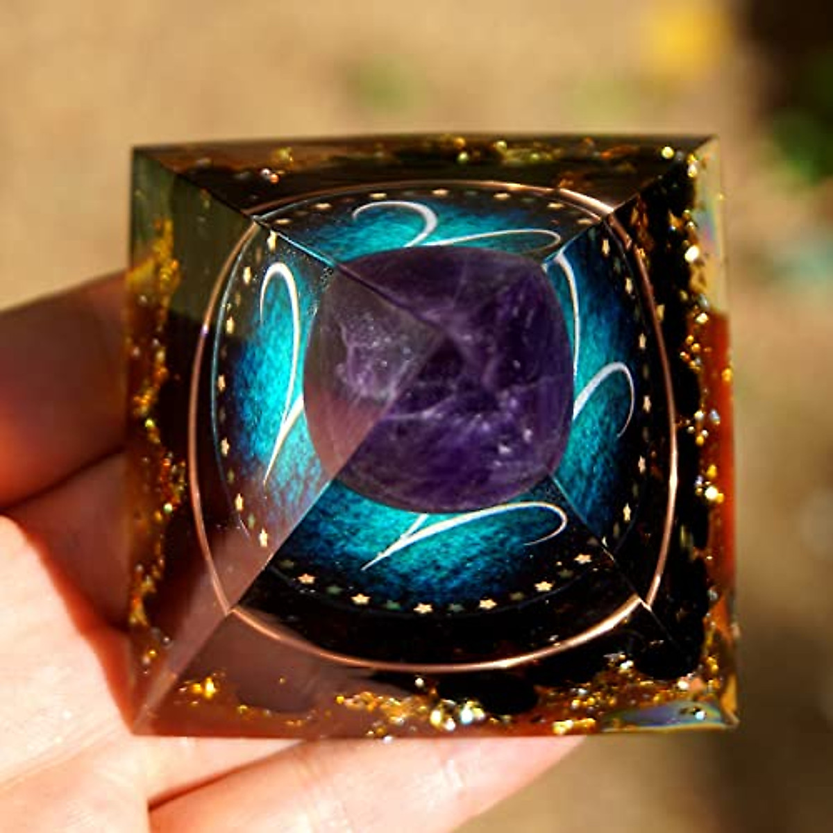 12 Zodiac Orgone Crystal Pyramid, Natural Amethyst with Obsidian,Healing Crystals Pyramid for Protection Chakra, Unique Constellation Pyramid for Positive Energy, Healing Money Health(Aries)