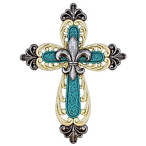Ornate Fleur De Lis Layered Wall Cross Decorative Scrolly Details - Antique White & Teal with Silver Finials