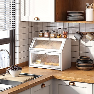 STDDRE Bread Box for Kitchen Countertop Bin Double Layer Bread Box Storage Container Extra Large Capacity Farmhouse Bread Box with Diamond Pattern Windows(Bamboo White)