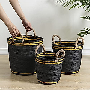 Motifeur Paper Rope Handwoven Storage Basket with Handles (Assorted Set of 3, Black and Gold)