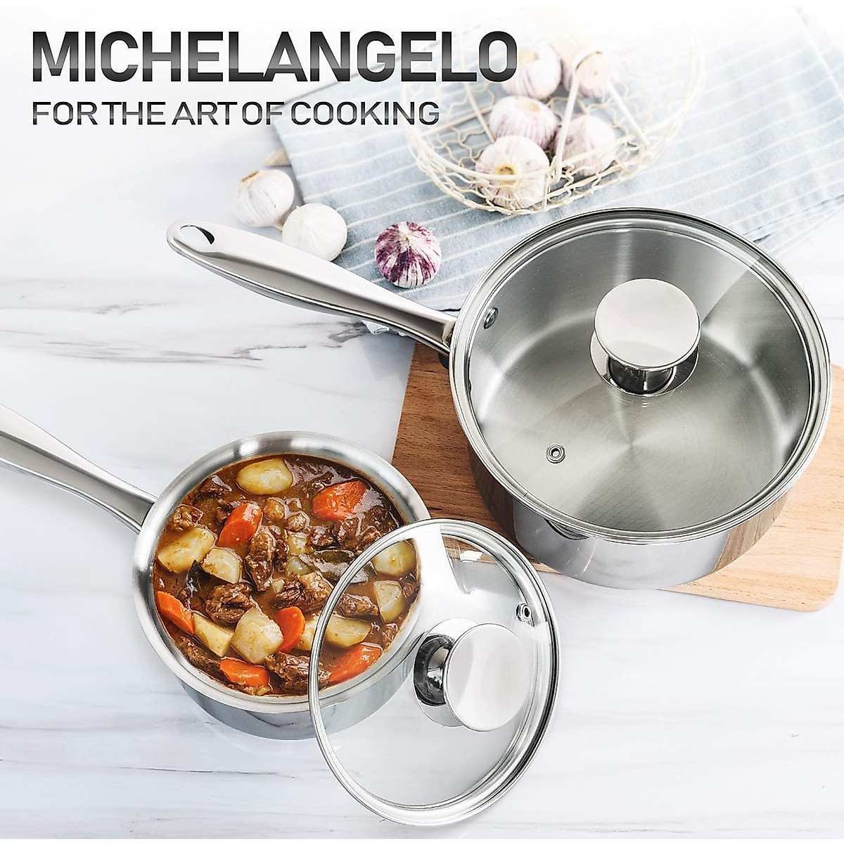 MICHELANGELO 2 Piece Stainless Steel Saucepan Set - 1Qt & 2Qt, Premium German Technology Sauce Pans, Induction Compatible 18/10 Stainless Steel