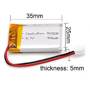 CaoDuRen MSDS Verified Part Number: 502535, Rechargeable 3.7V 400mAh Li Lipo Lithium Polymer Ion Battery Pack with 2 Pin 2.0mm JST Connector