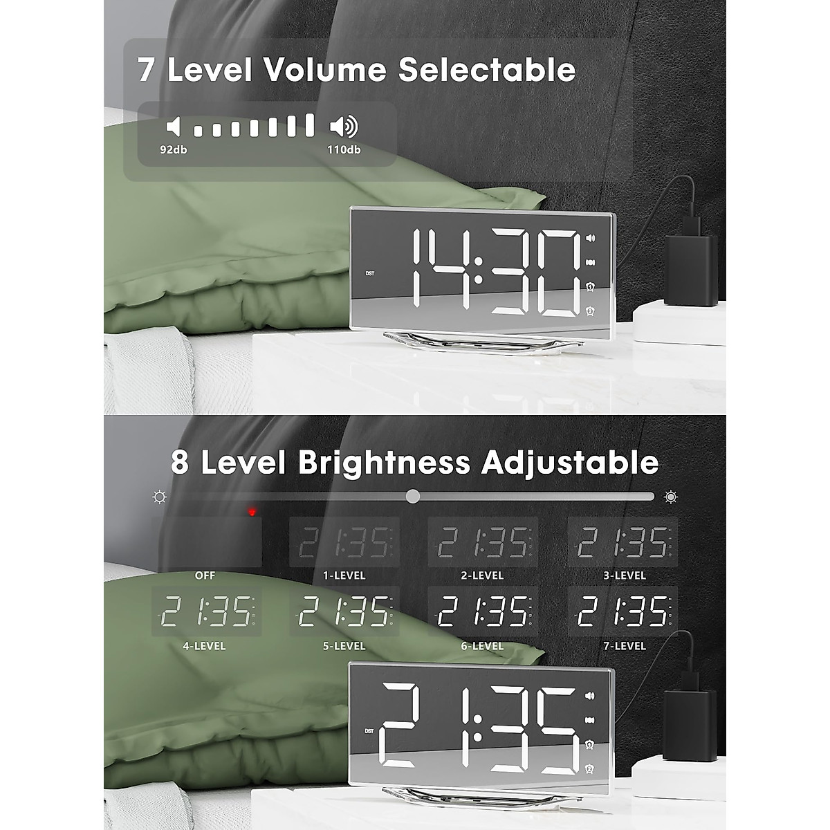 Extra Loud Vibrating Alarm Clock with Bed Shaker for Deep Sleepers Adult Hearing impaired Deaf, Dual Alarms Digital Clock for Bedroom,8.7'' Large Mirror LED Display,USB Charger,Battery Backup,Dimmable