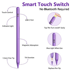 Stylus Pen for iPad, Apple Pencil for 10th/9th Gen, Pro 11" & 12.9", iPad Pencil Compatible with (2018-2022) Apple Air 5th/4th/3rd, Mini 6th/5th, iPad 8th/7th/6th (Purple)