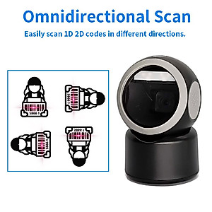 Alacrity 2D 1D QR Desktop Barcode Scanner, Omnidirectional Hands Free USB Wired Barcode Reader, Capture Codes on Screen, 3300DW, Black