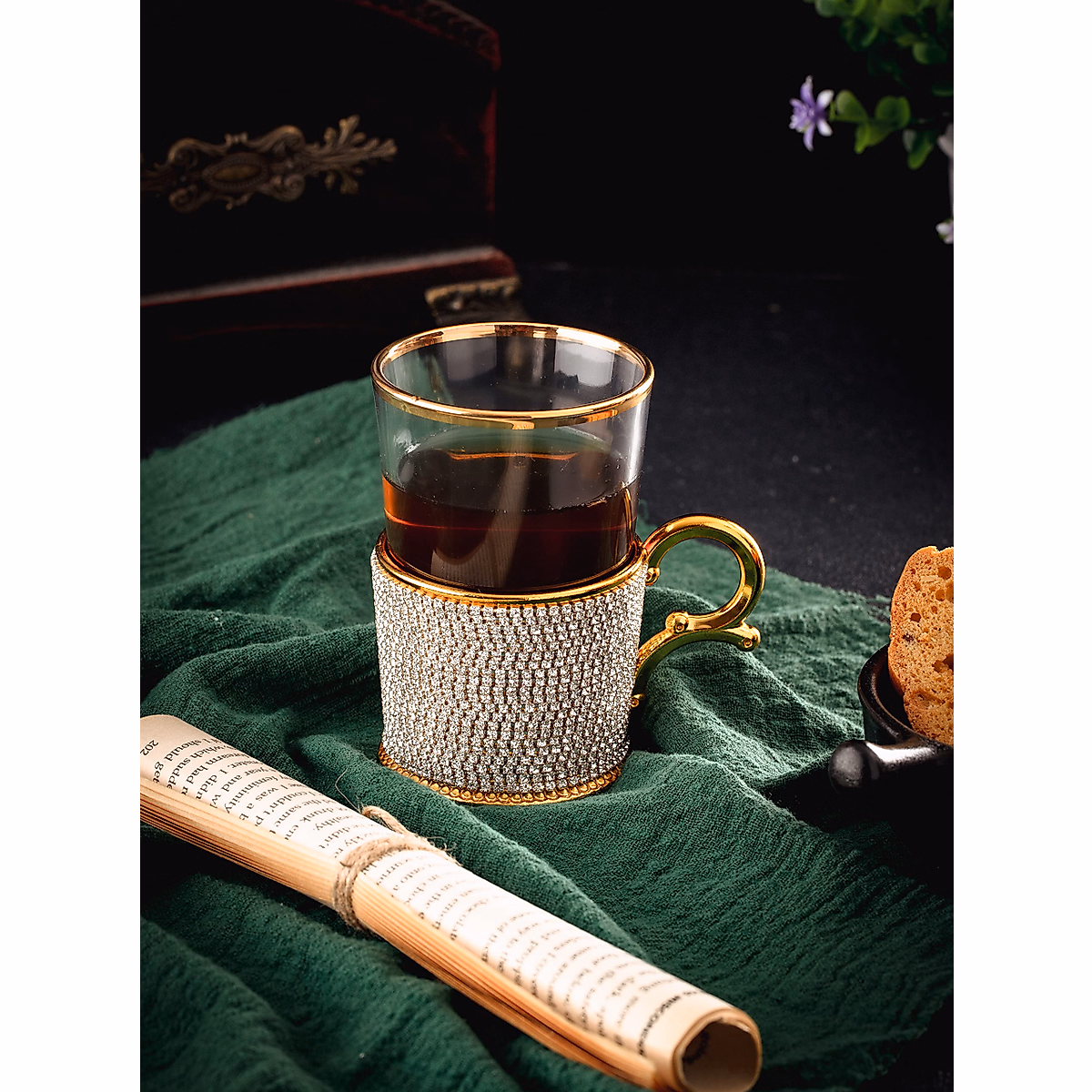 DEMMEX Handmade Rhinestone Crystal Decorated Fancy Coffee Tea Beverage Glasses Cups with Holders, 7 Ounces (SET OF 1)