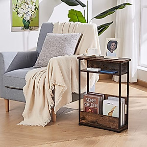 Vintage Narrow Side Table with Storage Shelf, 3 Tier Slim End Table Modern Sofa Table for Narrow and Small Spaces, 24.6 Inch Height Bedside Table Small Nightstand with Magazine Rack Space Saving