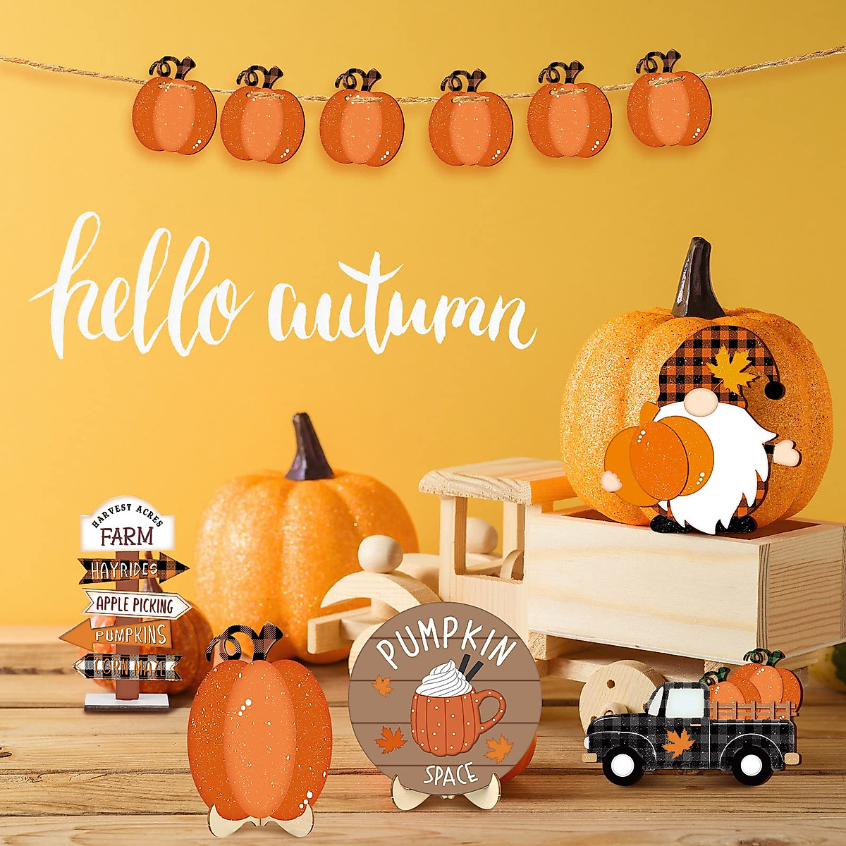 16 Pcs Fall Tiered Tray Decor Set Thanksgiving Pumpkin Wooden Sign Gnomes Truck Farmhouse Rustic Tray Decoration for Fall Thanksgiving Home Table Kitchen, Trays Are Not Included