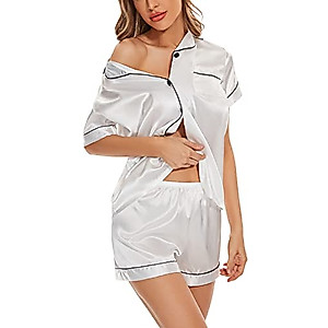 QLVKYW Womens Satin Pajama Shorts Set Silky 2 Piece Short-Sleeve Pjs Tops Button-front Lounge Wear With Casual Collar White