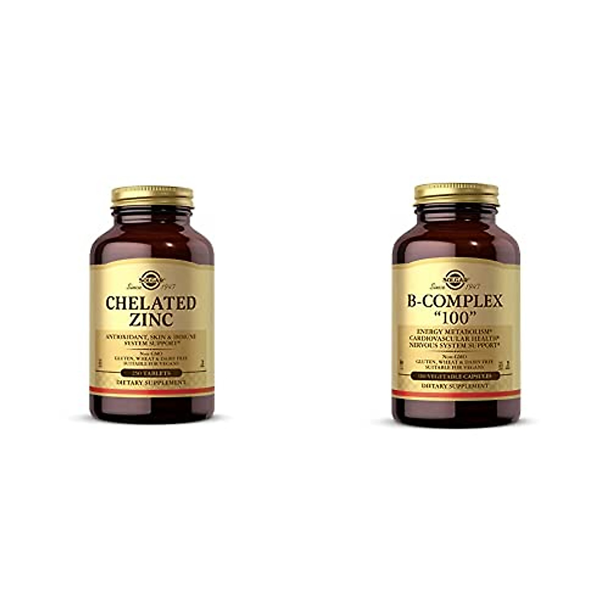 Solgar Chelated Zinc, 250 Tablets - Zinc for Healthy Skin - Supports Cell Growth & DNA Formation - E with B-Complex "100", 100 Vegetable Capsules - Heart Health - Nervous System Support - Supports En