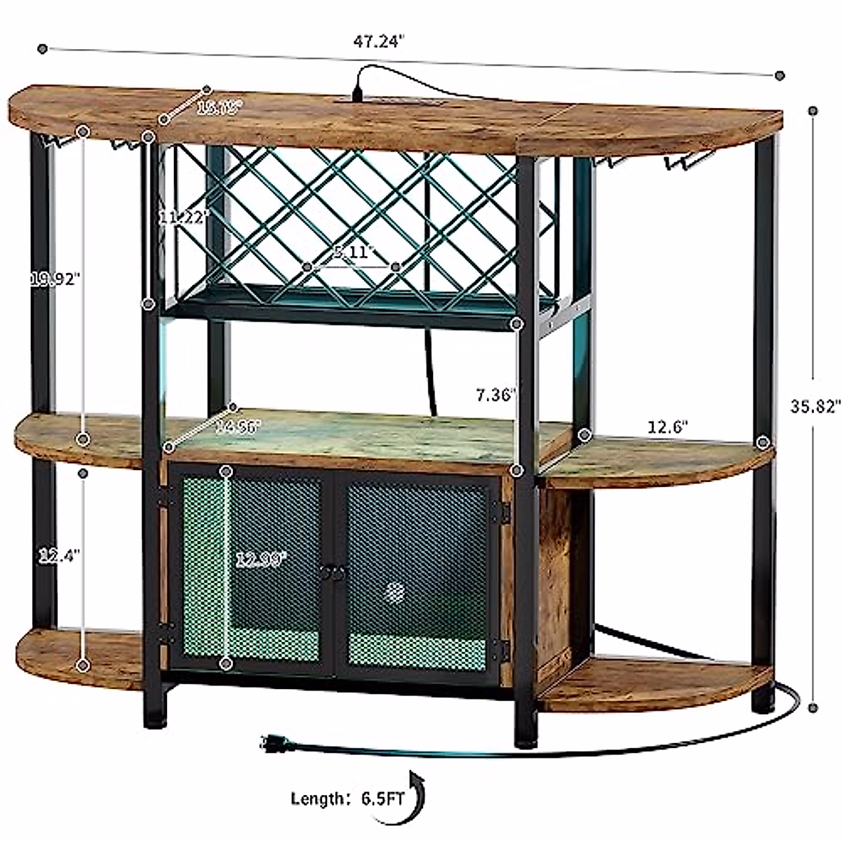 Unikito Freestanding Wine Bar Cabinet with LED Lights and Power Outlets, Industrial Coffee for Liquor Glasses, Mesh Door, Table Rack, Rustic Brown