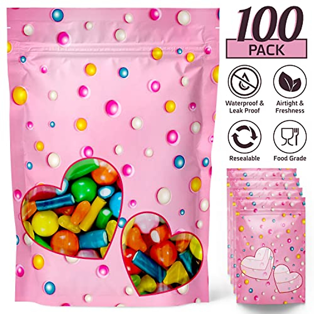 Resealable Standup Bags 5X8 inches. 100 Pk – Airtight, Waterproof, Zip Lock Seal and/or Heat Seal - Opaque Foil Pouch - Food Grade Bags For long shelf-life Storage (Large, candy)