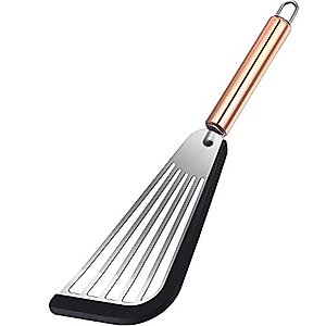 Slotted Spatula Flexible Stainless Steel Spatula with Silicone Top Soft Edge Slotted Spatula Turner with Golden Handle (1, Black)