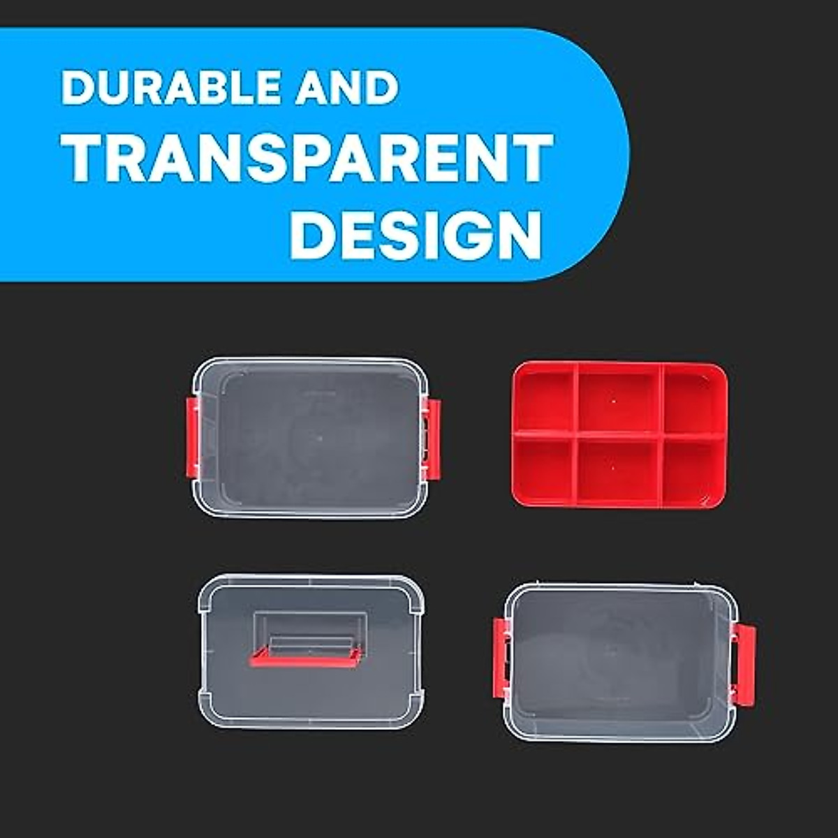 Bins & Things 2 Trays Stackable Storage Organizers Container with Compartments - Arts and Crafts Supply Box - Bead Plastic Organizer - Embroidery Thread Organizing Box - Multi-Divided Holder, Red