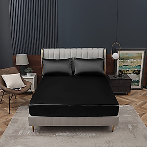 Homiest Black Satin Fitted Sheet Full Size Fitted Bed Sheet, Deep Pocket Fitted Sheet Only, Luxury & Ultra Soft Bedding Fitted Sheet Single Bottom Bed Sheets Sold Separately