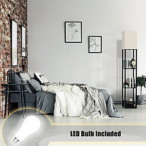 PESRAE Floor Lamp with Shelves by Solid Wood, Modern Shelf Floor Lamp with 3 Color Temperature, Linen Lampshade and Storage Shelves for Living Room, Bedroom, Bulb Included, Matte Black