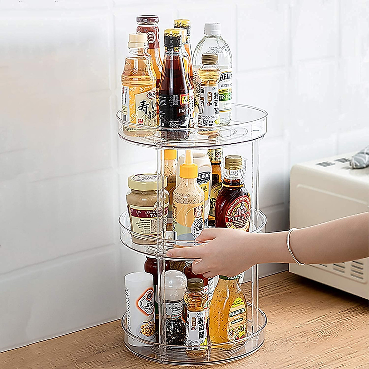 Amasses 3 Tier Clear Lazy Susan Organizer, 360 Degree Rotating Round Lazy Susan Turntable 9" Non-Skid Rotating Organization Storage Container for Kitchen, Cabinet, Pantry