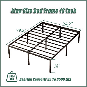 JTPTU Heavy-Duty King Metal Bed Frame, 18 inch Tall, Black, 3500 lbs Weight Capacity, No Box Spring Needed, Easy Assembly, Noise-Free