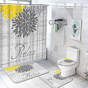 DuoBaorom 4 Pieces Set Yellow Grey Flower Shower Curtain Set Dahlia Floral Relax Sign Picture Print on Non-Slip Rugs Toilet Lid Cover Bath Mat and Bathroom Curtain with 12 Hooks 72x72inch