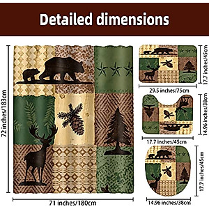 EARVO Forest Deer Bear Patchwork Pattern Shower Curtain, 4PCS Bath Sets with Non-Slip Rugs U-Shaped Mat Toilet Lid Cover Pine Tree Pinecone, Polyester with 12 Hooks 71x72 in SETMYEA38