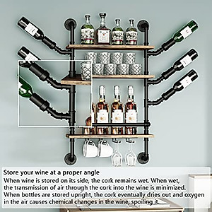 MAIKAILUN Wine Rack Wall Mounted with 4 Stem Glass Holder, Industrial Bar Shelves 34in Metal Hanging Stemware Mugs Rack, Floating Pipe Shelf, Living Room Kitchen Decor Display Wood Rack Black