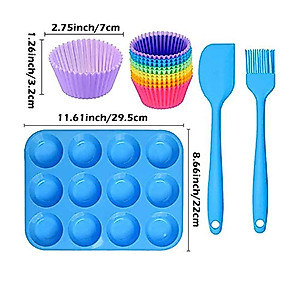 swiftrans Silicone Muffin Pan Cupcake Set,Non Stick, Bpa Free12 Cups Muffin Baking Pan,Silicone Baking Molds Set with 1 Scraper,1 Brush and 12 Muffin Cups
