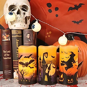 DRomance Halloween LED Flameless Pillar Candles Battery Operated with 6 Hour Timer Set of 3 Orange Wax Warm Light Flickering Witch Bats Castle Spooky Decals Halloween Decor Gifts(3 x 6 Inch)