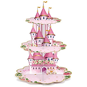 Zopeal 3 Tier Princess Birthday Cupcake Stand Party Decorations Floral Princess Cupcake Holder Pink Castle Crown Carriage Dessert Tower for Girls Birthday Princess Theme Baby Shower Party Supplies