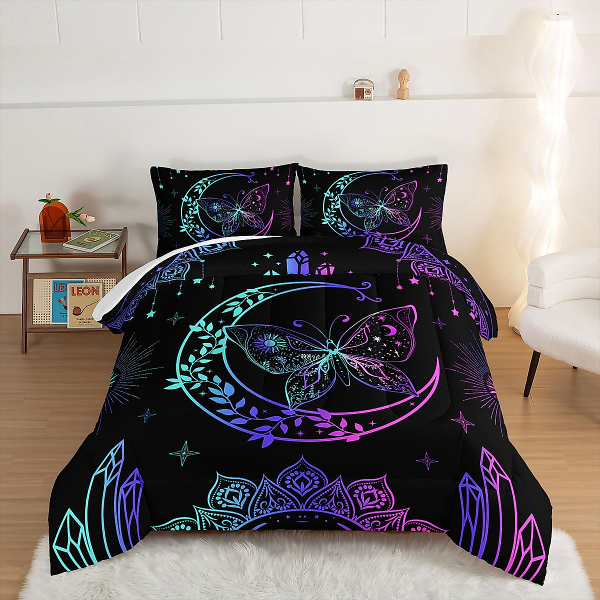 HOSIMA Butterfly Comforter Set 3-Piece with 2 Pillowcases, Black Boho Mandala Comforter Bedding Set for Girls' Twin Bed in a Bag
