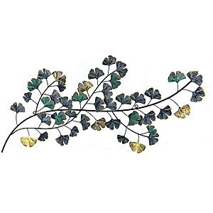 Bellaa 3D Metal Wall Decor Living Room Ginkgo Leaf Japanes Style Flower Golden Blue Teal Abstract Scroll Celtic Wrought Iron Plaque Hanging Boho Home Outdoor Garden Floral Accents Turquoise