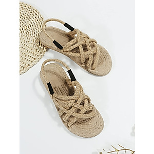 GORGLITTER Women's Criss Cross Strap Sandals Slingback Summer Beach Straw Flats Khaki CN41