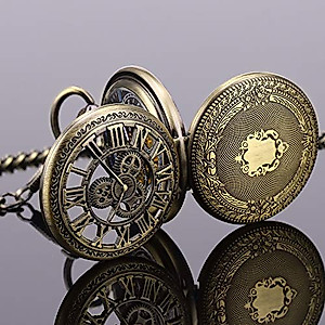 SIBOSUN Pocket Watch Skeleton Mechanical Double Case Hand-Wind Bronze Roman Numerals Antique Chain Mens