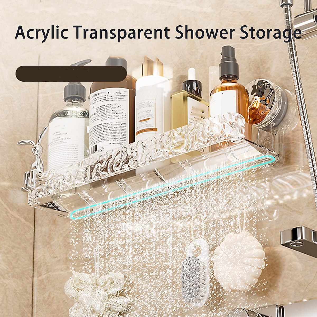 Androf Acrylic Transparent Shower Storage, Raidley Easymount Bathroom Storage Shelf - No Drilling Required, Light Luxury Style Glacier Pattern No Drill Clear Wall Caddy Suction Cup Shelf (2PCS-4)