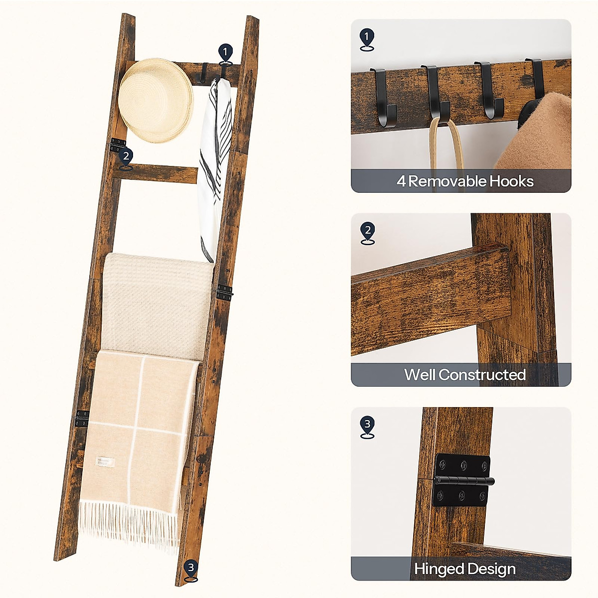 HOOBRO Wooden Blanket Ladder Shelf for Living Room, 5.2FT(63''), 5-Tier Towel Rack with Hooks, Farmhouse Decorative Blanket Rack Holder, Bathroom, Bedroom, Rustic Brown and Black FG161CJ01G1