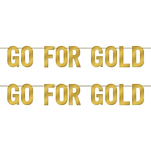 2pcs Go for Gold Signs, 7 Inch x5ft Gold Foil Go Streamers Go for Gold Banner Go for Gold Decorations for Sport Themed Party Decorations