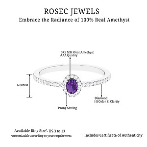 Rosec Jewels Natural Amethyst Minimal Halo Ring| 3X5 MM Oval| AAA Quality| Engagement Ring for Women, 14K White Gold, Size:US 10.00