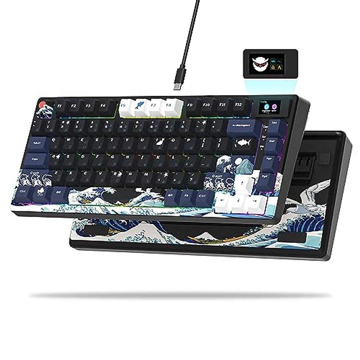 XVX S-K80 75% Keyboard with Color OLED Display Mechanical Gaming Keyboard, Hot Swappable Keyboard, Gasket Mount RGB Custom Keyboard, Pre-lubed Stabilizer for Mac/Win, Black Kanagawa Theme